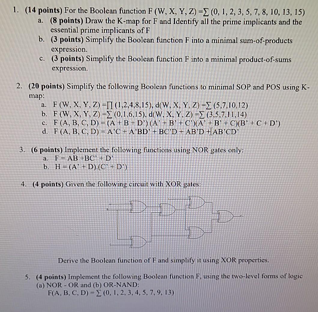 Solved 1. (14 points) For the Boolean function F (W, X, Y, | Chegg.com