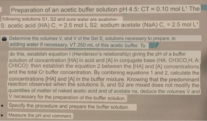 Solved Preparation of an acetic buffer solution | Chegg.com