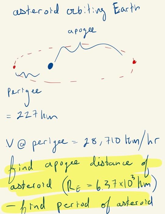 Solved asteroid orbiting Earth apogee in Perigee = 227 him | Chegg.com