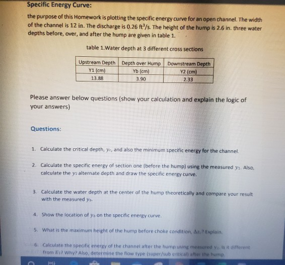 Solved Specific Energy Curve: For an open channel, having | Chegg.com
