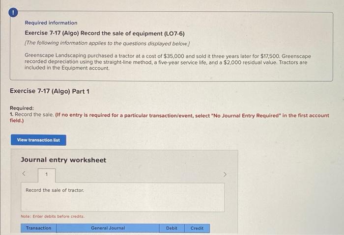 Solved Required information Exercise 7-17 (Algo) Record the | Chegg.com