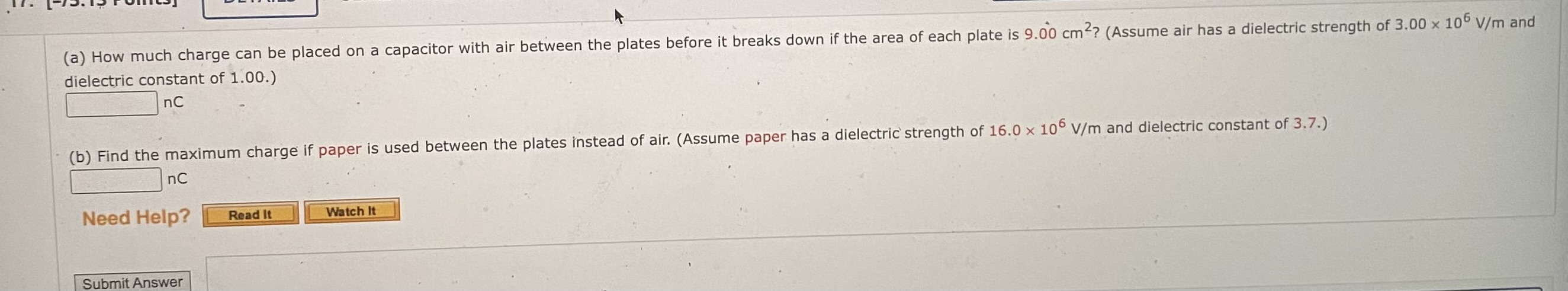 Solved dielectric constant of 1.00.) ﻿nC(b) ﻿Find the | Chegg.com