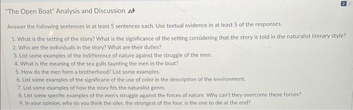 Solved 2 "The Open Boat" Analysis and Discussion A Answer | Chegg.com