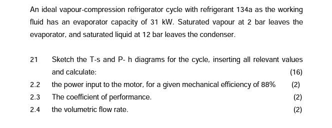 Solved An ideal vapour-compression refrigerator cycle with | Chegg.com