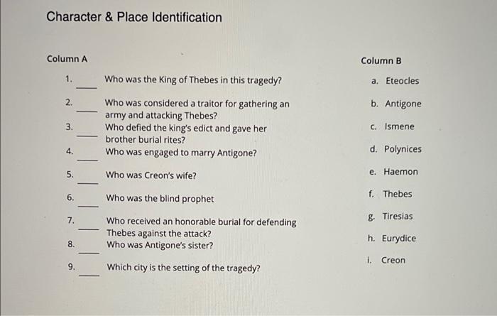 Character & Place Identification Column A Column B 1. | Chegg.com