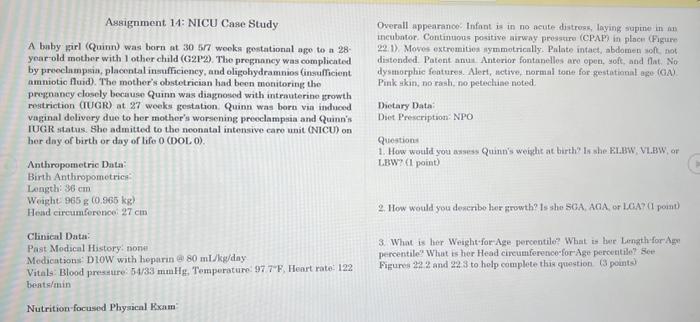 Solved Assignment 14: NICU Case Study Overall appearance: | Chegg.com
