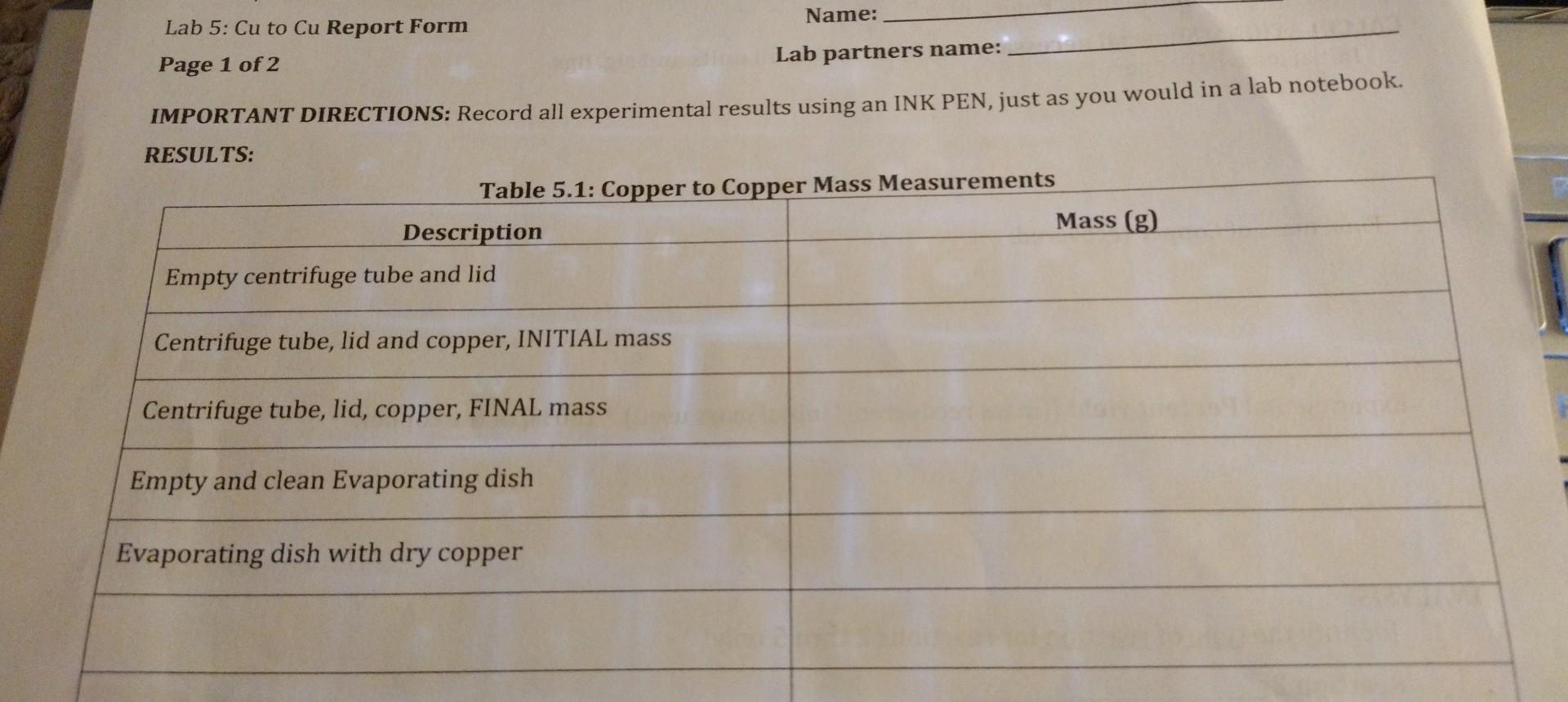 Chemistry \&140 GRCC Lab 5: Cu to Cu Report Form Page | Chegg.com