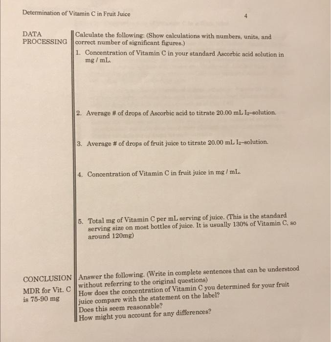 Solved Determination of Vitamin C in Fruit Juice 4 DATA | Chegg.com