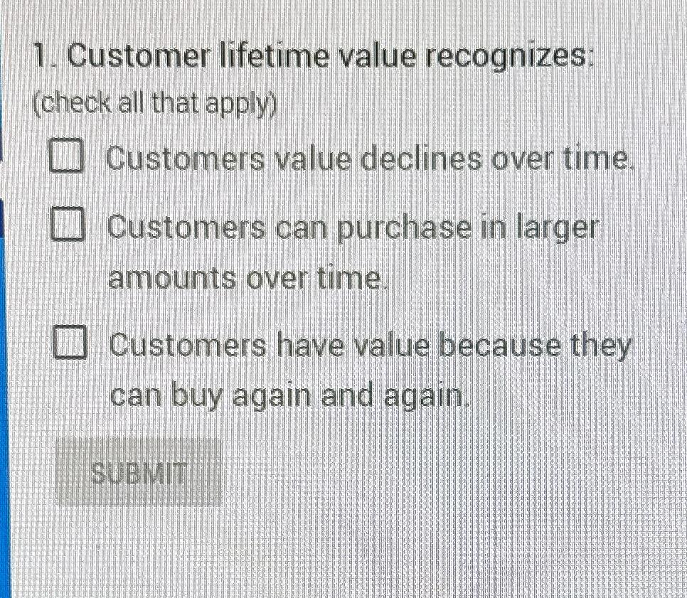 Solved Customer lifetime value recognizes:(check all that | Chegg.com