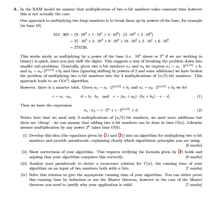 Solved In the RAM model we assume that multiplication of two | Chegg.com