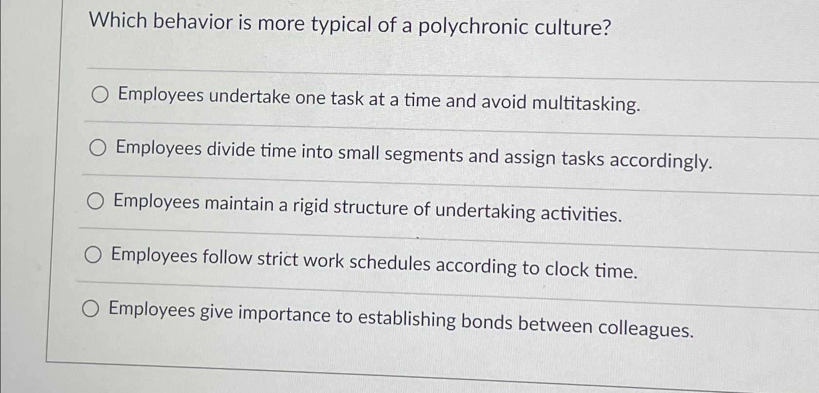 Solved Which behavior is more typical of a polychronic | Chegg.com
