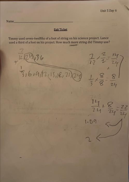 Solved Timmy used seven-twelfths of a foot of string on his | Chegg.com