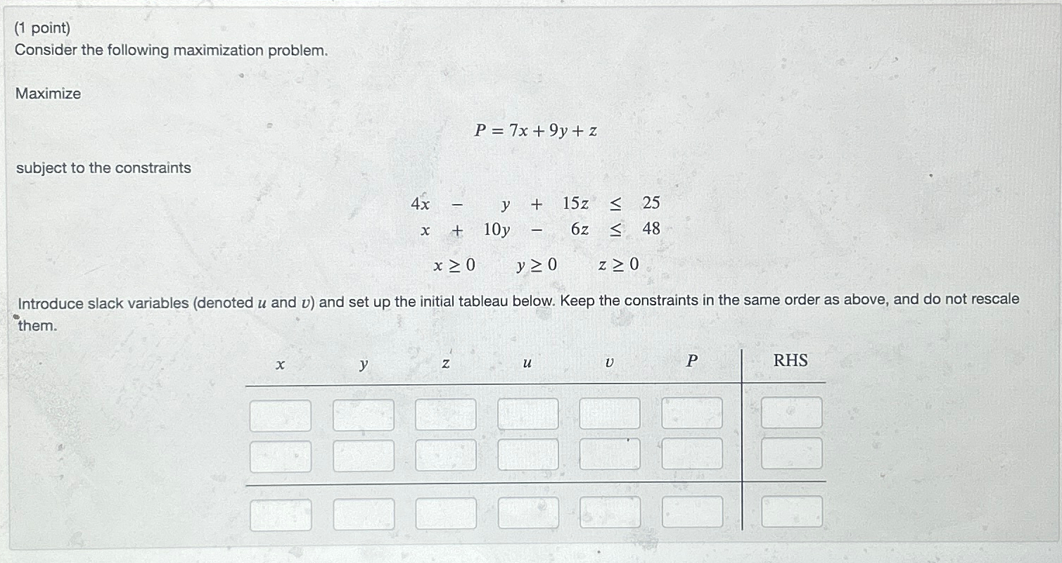 Solved (1 ﻿point)Consider the following maximization | Chegg.com