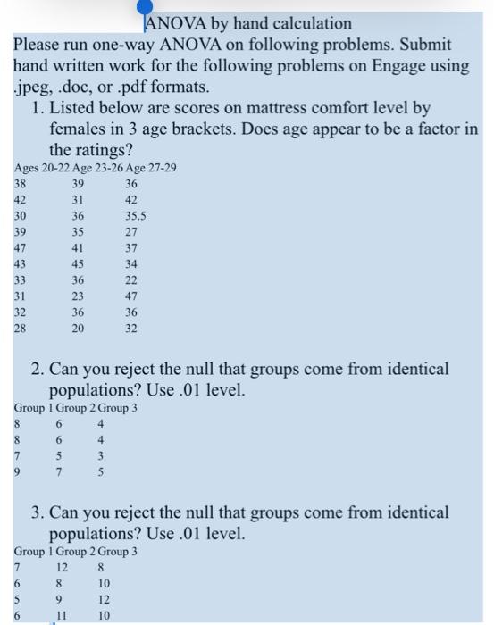 ANOVA by hand calculation Please run one-way ANOVA on | Chegg.com