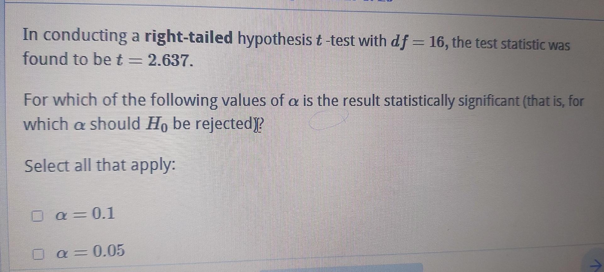 Solved In conducting a right-tailed hypothesis t-test with | Chegg.com