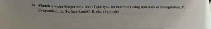 Solved a) Sketch a water budget for a lake (Tabariyah for | Chegg.com
