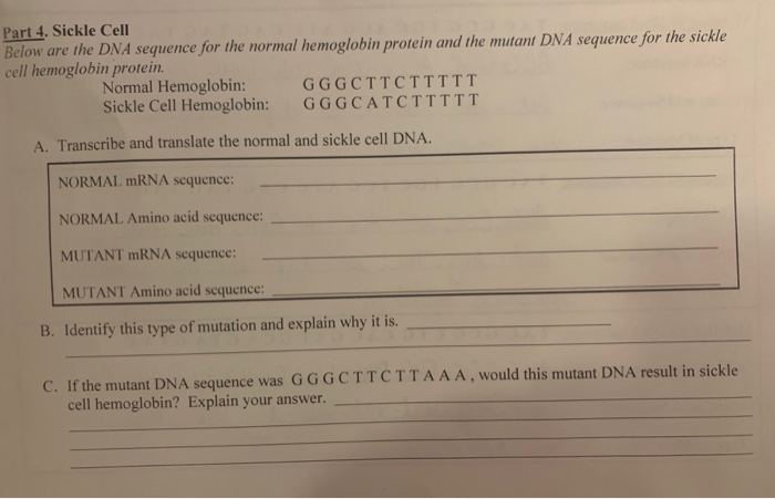 Solved Part 4. Sickle Cell Below are the DNA sequence for | Chegg.com