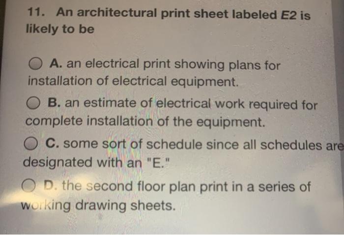 Solved 11. An architectural print sheet labeled E2 is likely | Chegg.com