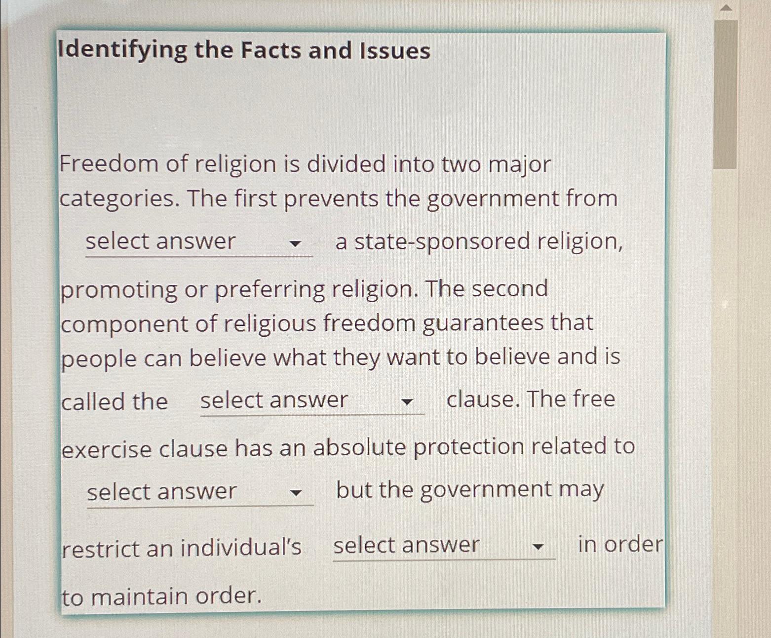 Solved Identifying the Facts and IssuesFreedom of religion | Chegg.com