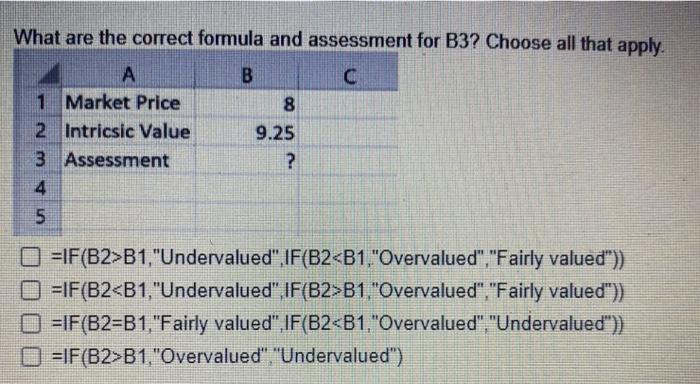 Solved What are the correct formula and assessment for B3? | Chegg.com
