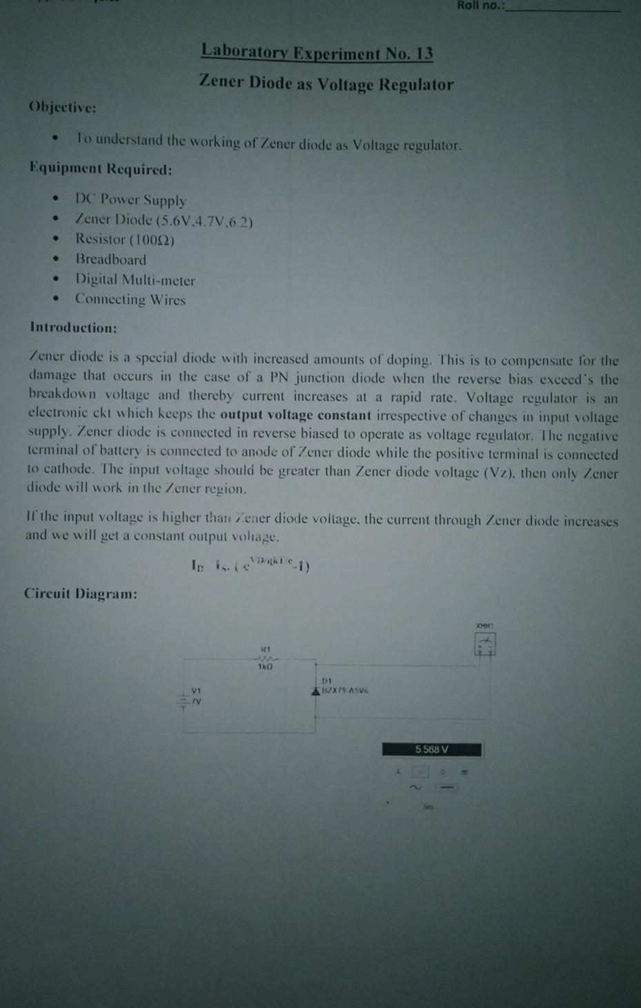 Solved Roll no. Laboratory Experiment No. 13 Zener Diode as | Chegg.com