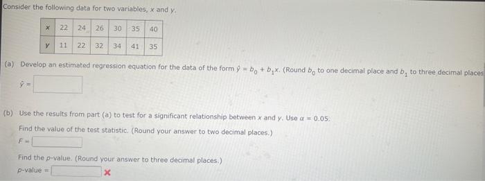 Solved Consider the following data for two variables, x and | Chegg.com