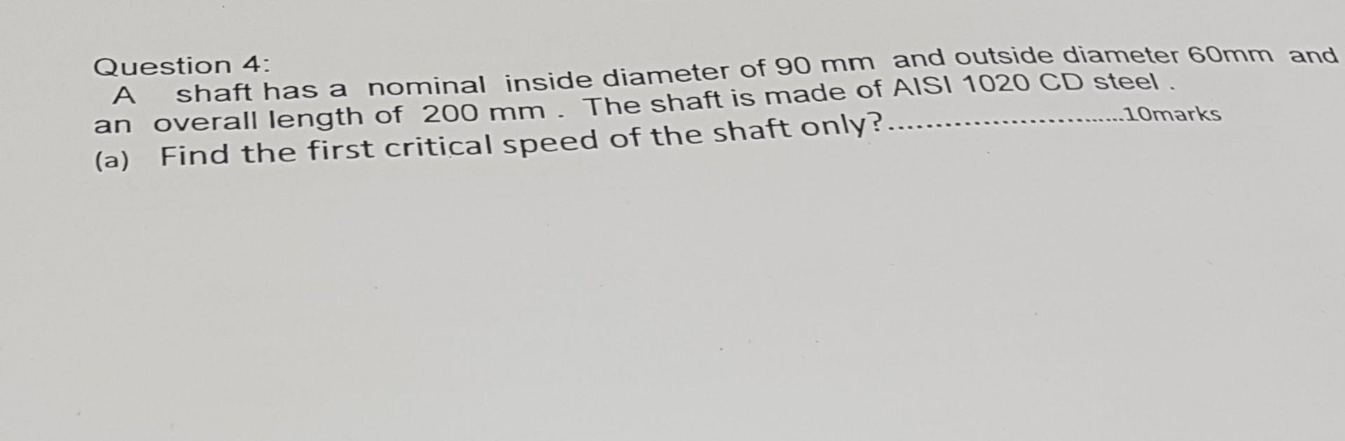 Solved Question 4: A shaft has a nominal inside diameter of | Chegg.com