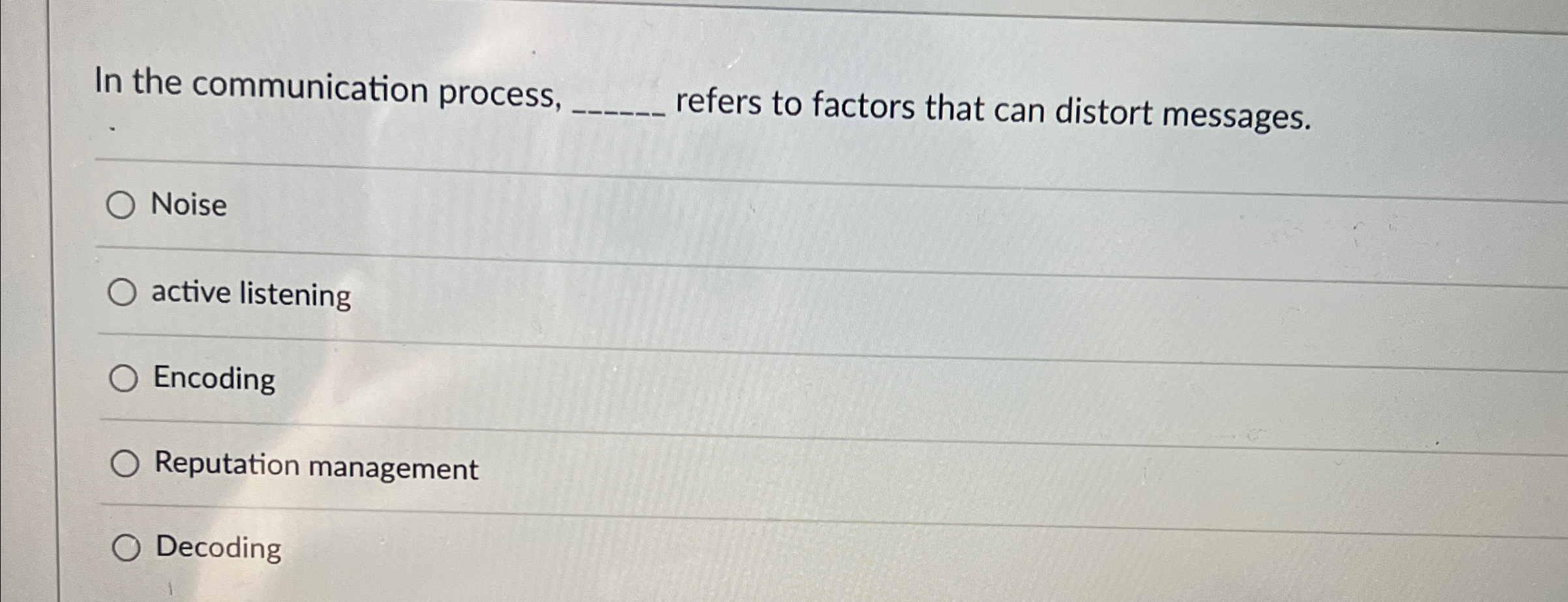 Solved In the communication process, ﻿refers to factors | Chegg.com