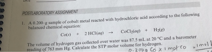 Solved POSTLABORATORY ASSIGNMENT 1. A 0.200 g sample of | Chegg.com