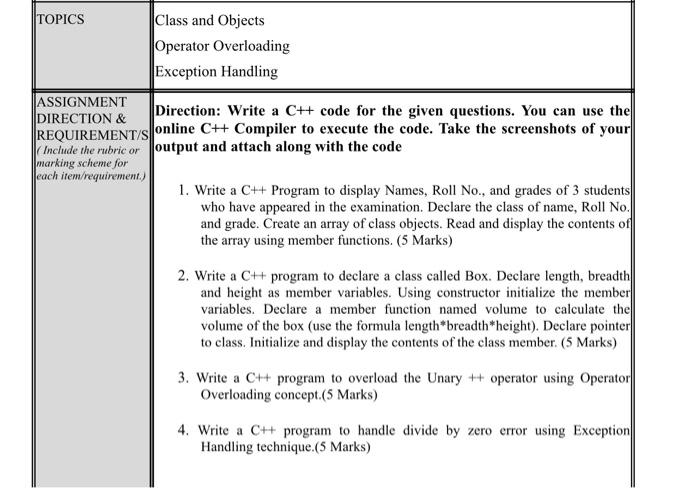 Solved a TOPICS Class and Objects Operator Overloading | Chegg.com