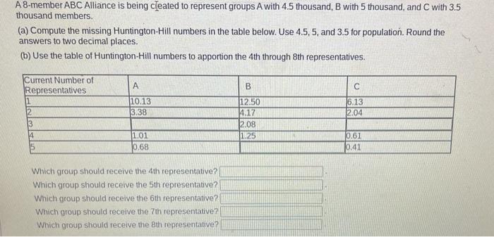 Solved A 8-member ABC Alliance is being cleated to represent | Chegg.com