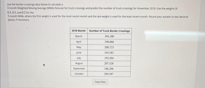 Solved Use the border crossings data below to calculate a | Chegg.com