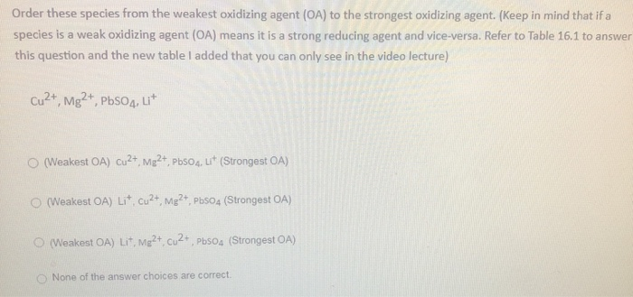 Solved Order these species from the weakest oxidizing agent | Chegg.com