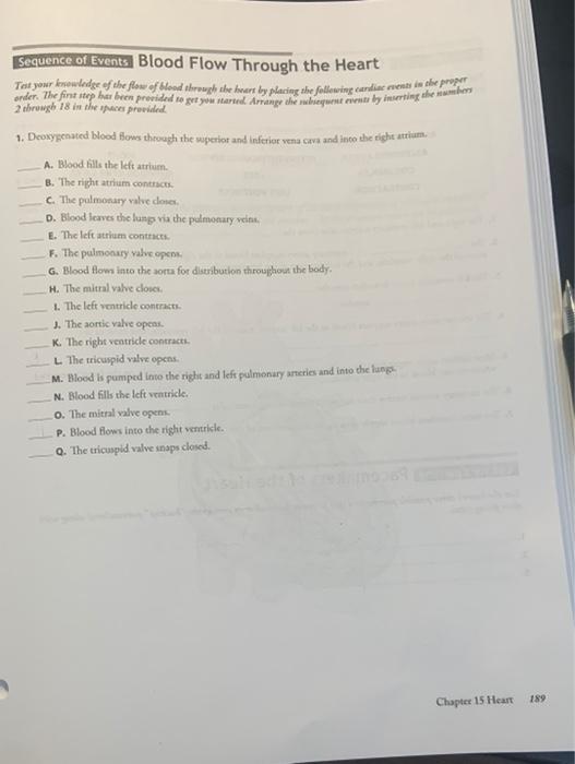 Solved Sequence of Events Blood Flow Through the Heart Tot | Chegg.com