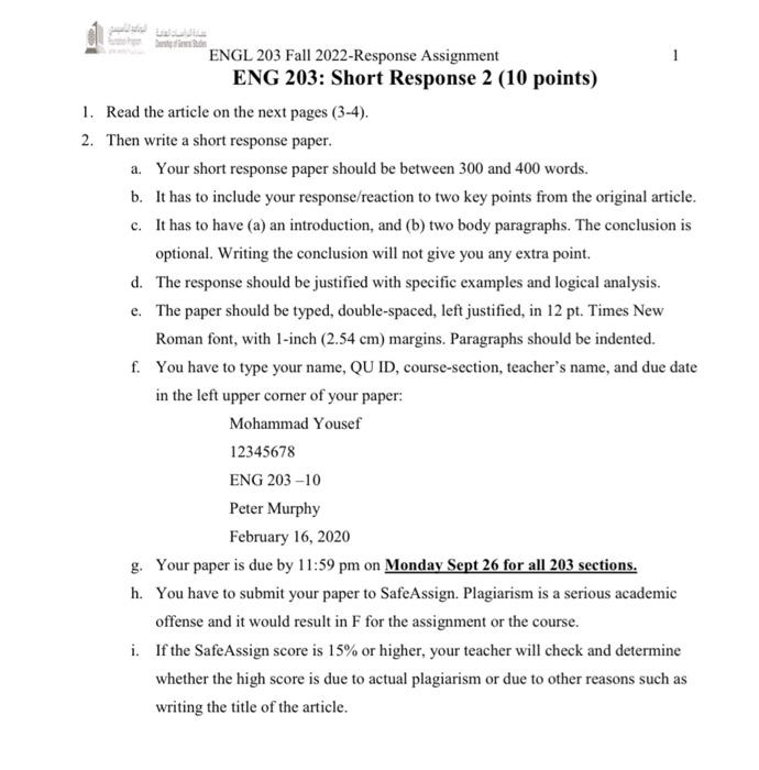 ENGL 203 Fall 2022-Response Assignment ENG 203: Short | Chegg.com