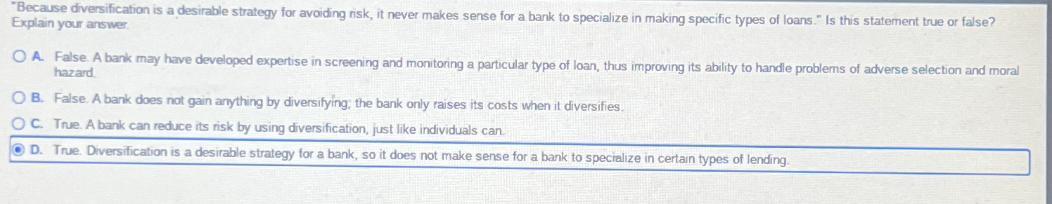 Solved "Because diversification is a desirable strategy for | Chegg.com