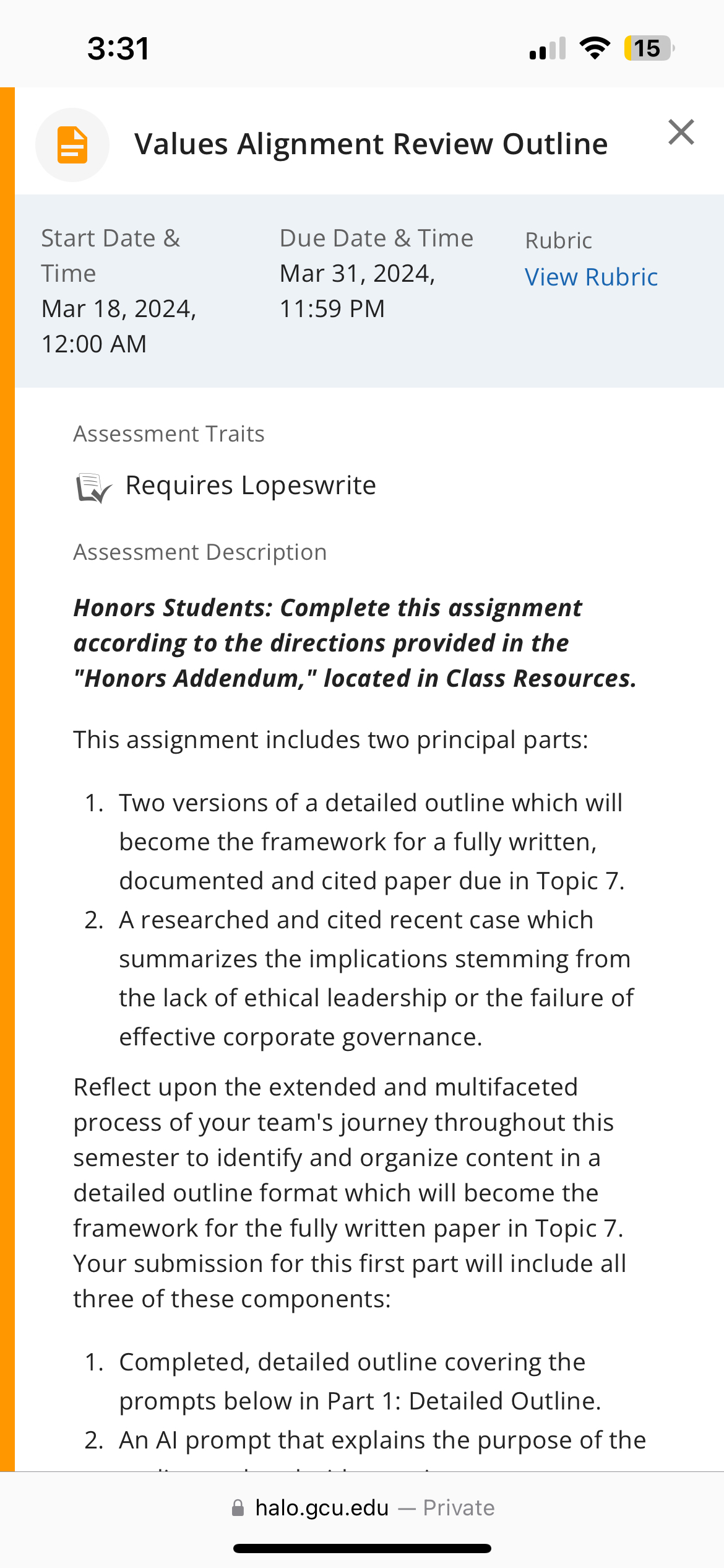 Solved 3:3115Values Alignment Review OutlineStart Date | Chegg.com