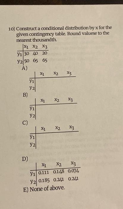 Solved 10) Construct a conditional distribution by x for the | Chegg.com