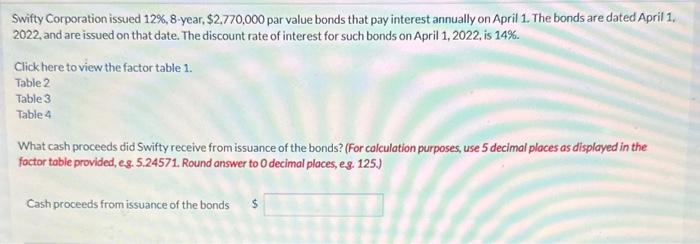 Solved Swifty Corporation issued 12%,8-year, $2,770,000 par | Chegg.com