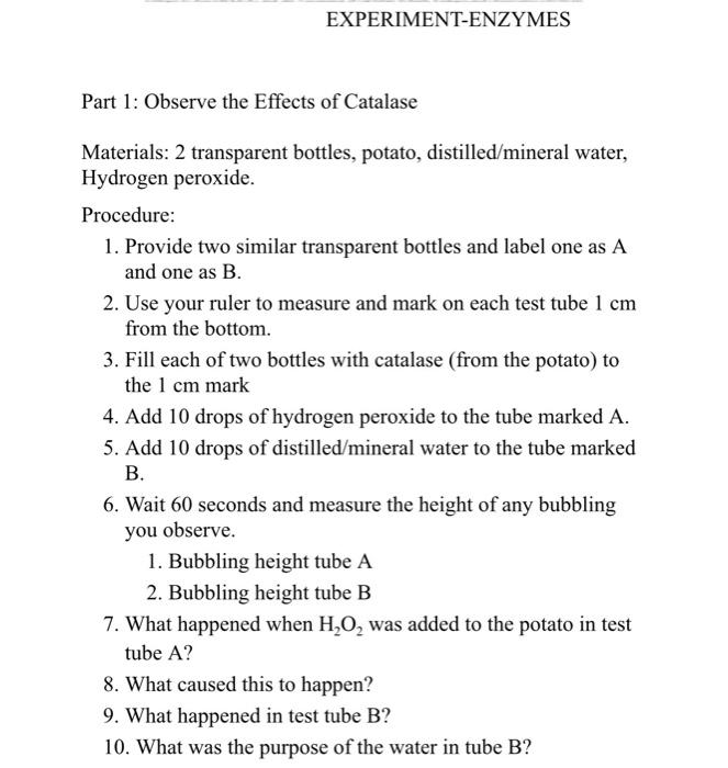 Solved EXPERIMENT-ENZYMES Part 1: Observe the Effects of | Chegg.com