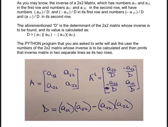 Solved As you may know, the inverse of a 2×2 Matrix, which | Chegg.com