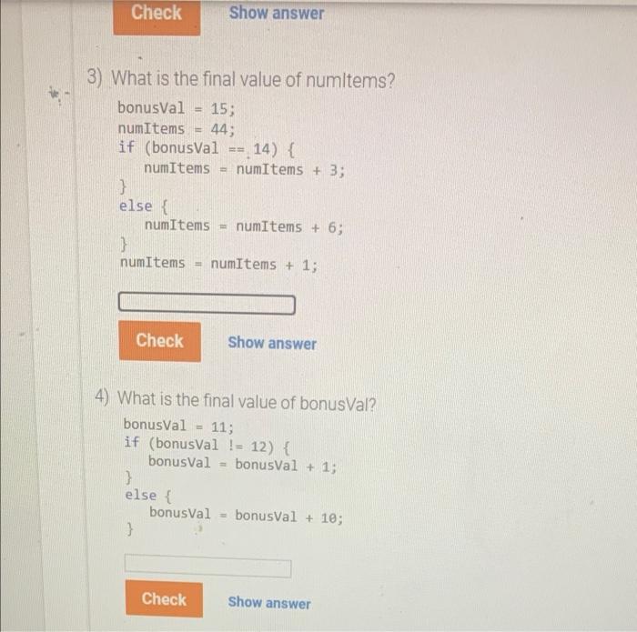 Solved 1) What is the final value of numltems? bonusval 12; | Chegg.com