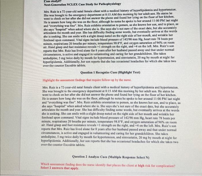 Solved Next-Generation NCLEX Case Study for Pathophyslology | Chegg.com