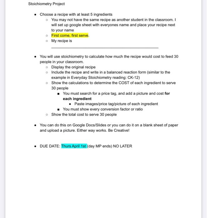 Stoichiometry Project Choose a recipe with at least 5 | Chegg.com
