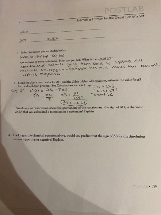Solved POSTLAB Estimating Entropy for the Dissolution of a | Chegg.com