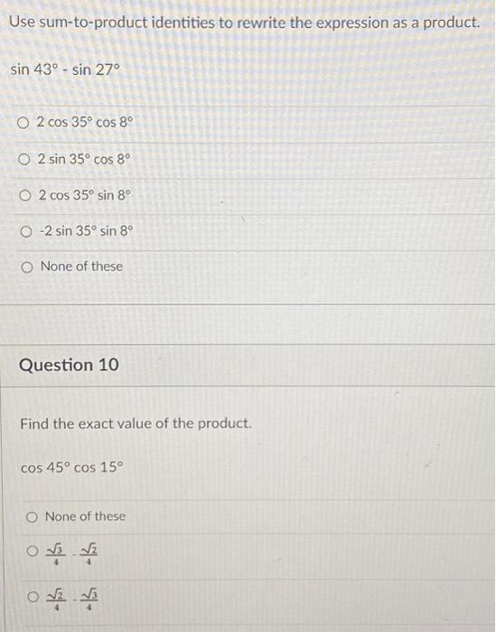 Solved Use sum-to-product identities to rewrite the | Chegg.com