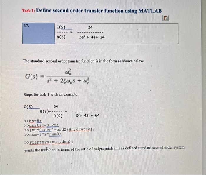 Solved Task 1: Define second order transfer function using | Chegg.com