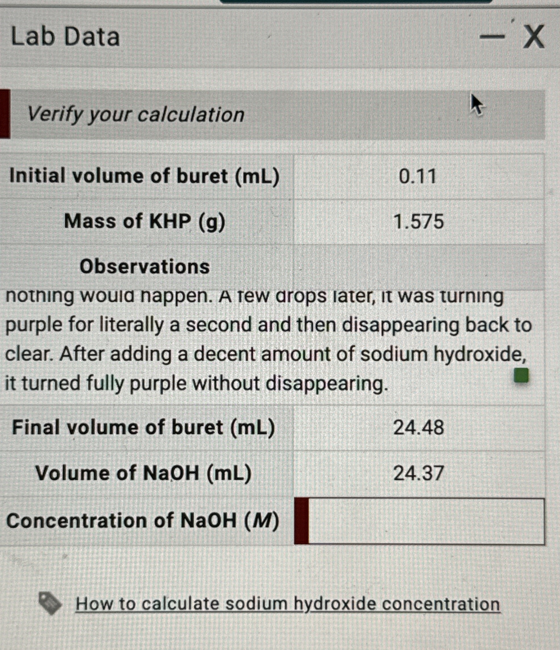 Solved Lab DataVerify your calculation\table[[Initial volume | Chegg.com