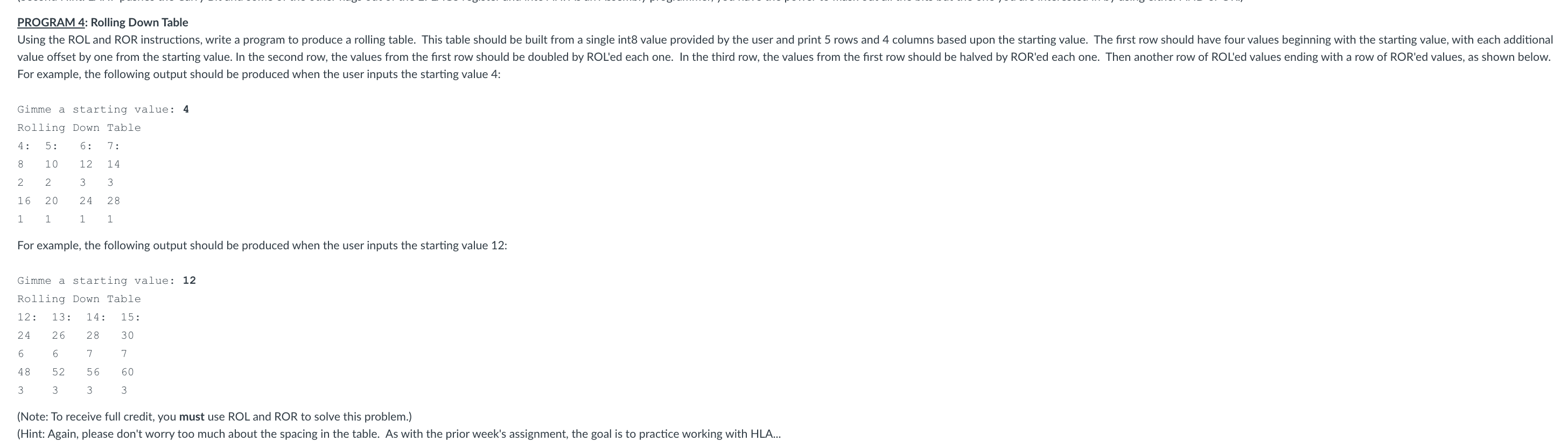Solved HLA PROGRAM 4: Rolling Down TableFor example, the | Chegg.com