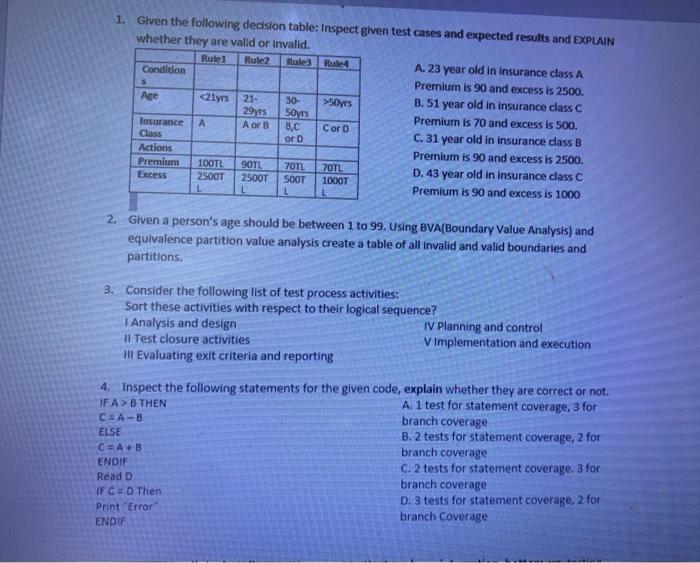 Solved 5 1. Given the following decision table: Inspect | Chegg.com